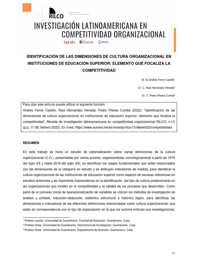 Identificación de Las Dimensiones de Cultura Organizacional en Instituciones de Educación ...