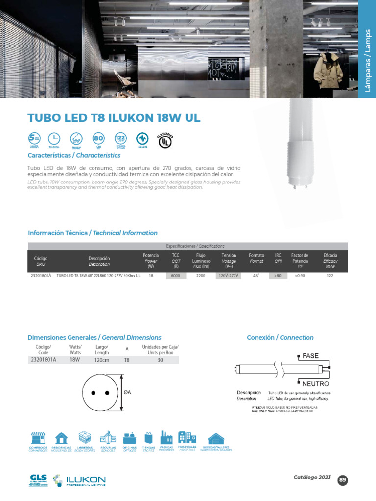 Ficha Técnica TUBO LED T8 ILUKON 18W UL | Descargar gratis PDF | Diodo ...