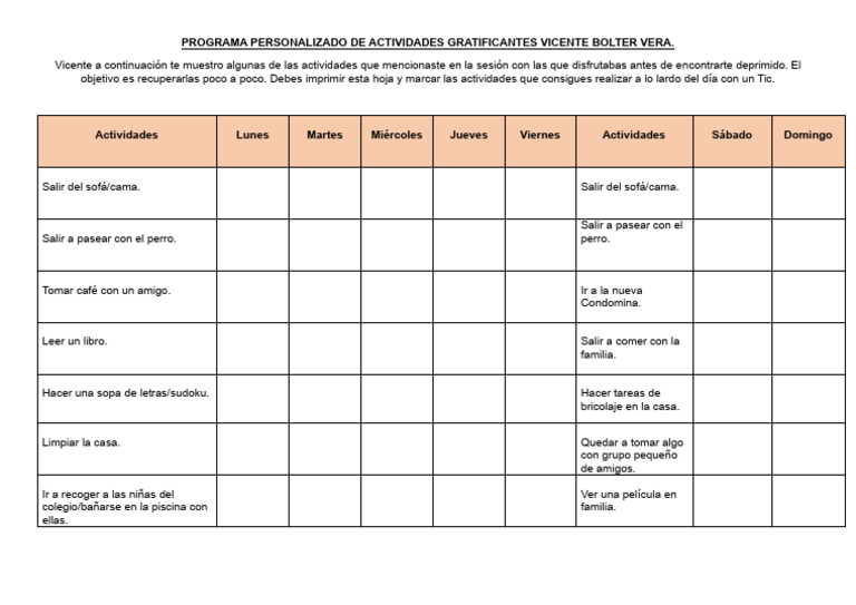 Plantilla Programa de Actividades Placenteras | PDF