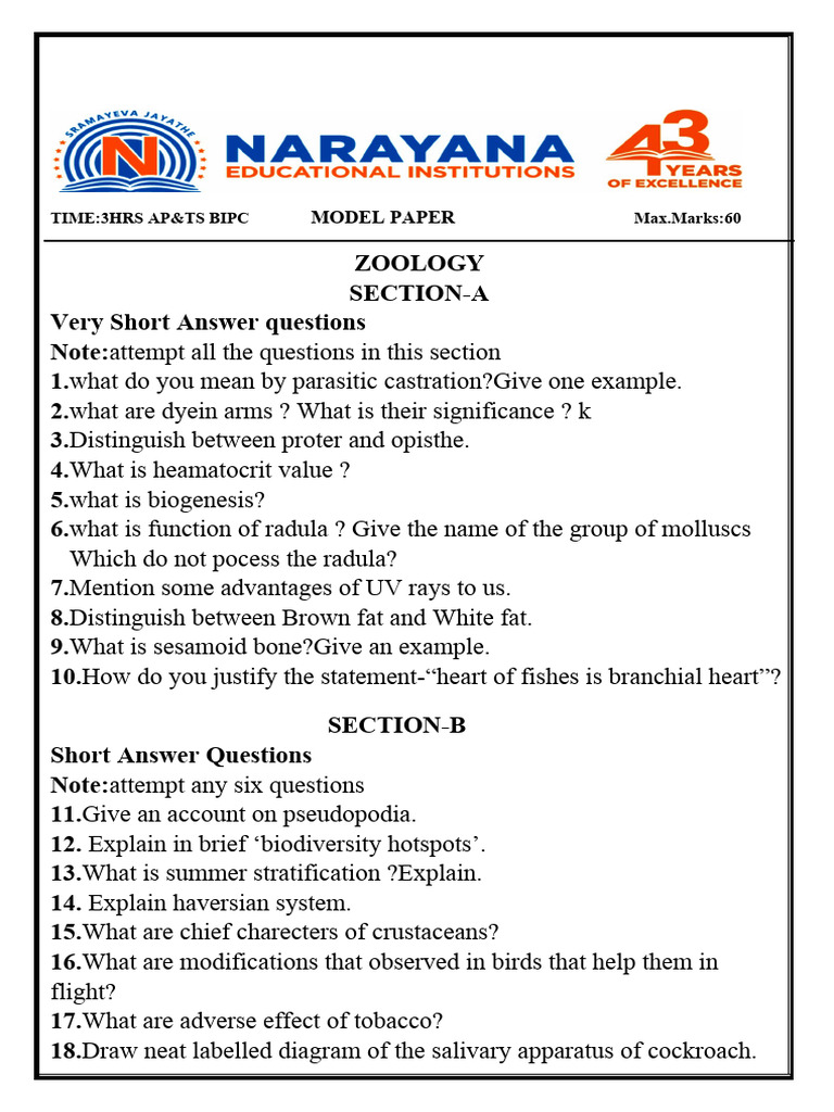 JR - Inter IPE Zoology Model Paper 3 | PDF