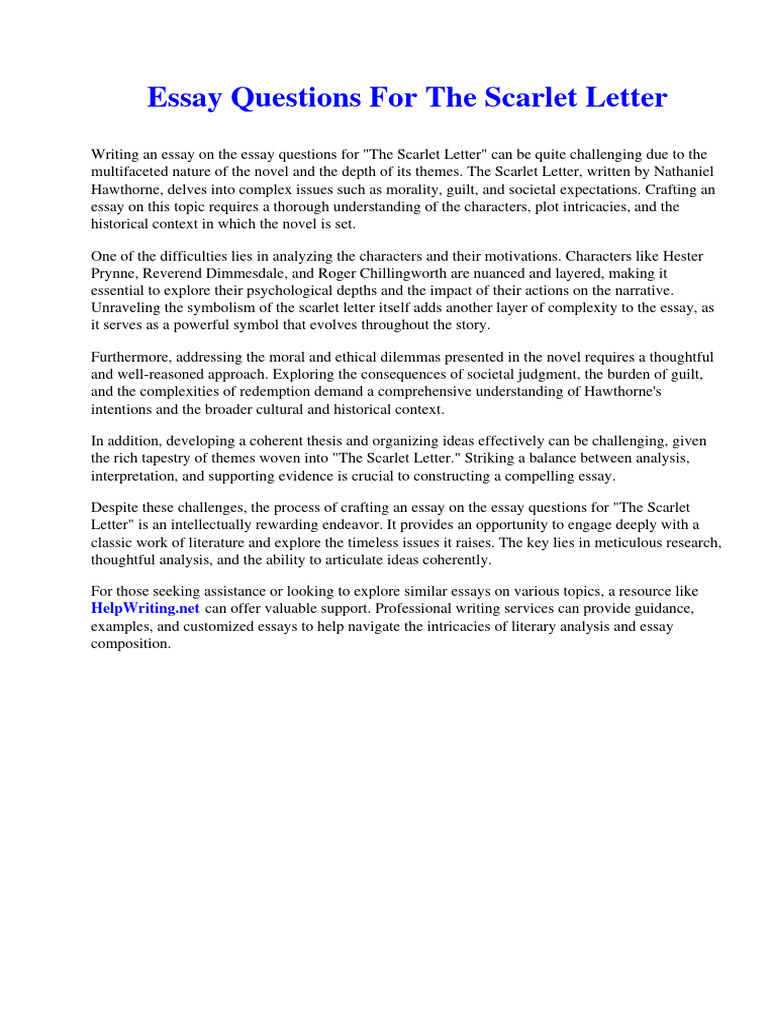 Essay Questions For The Scarlet Letter | PDF | Diabetes | The Scarlet ...