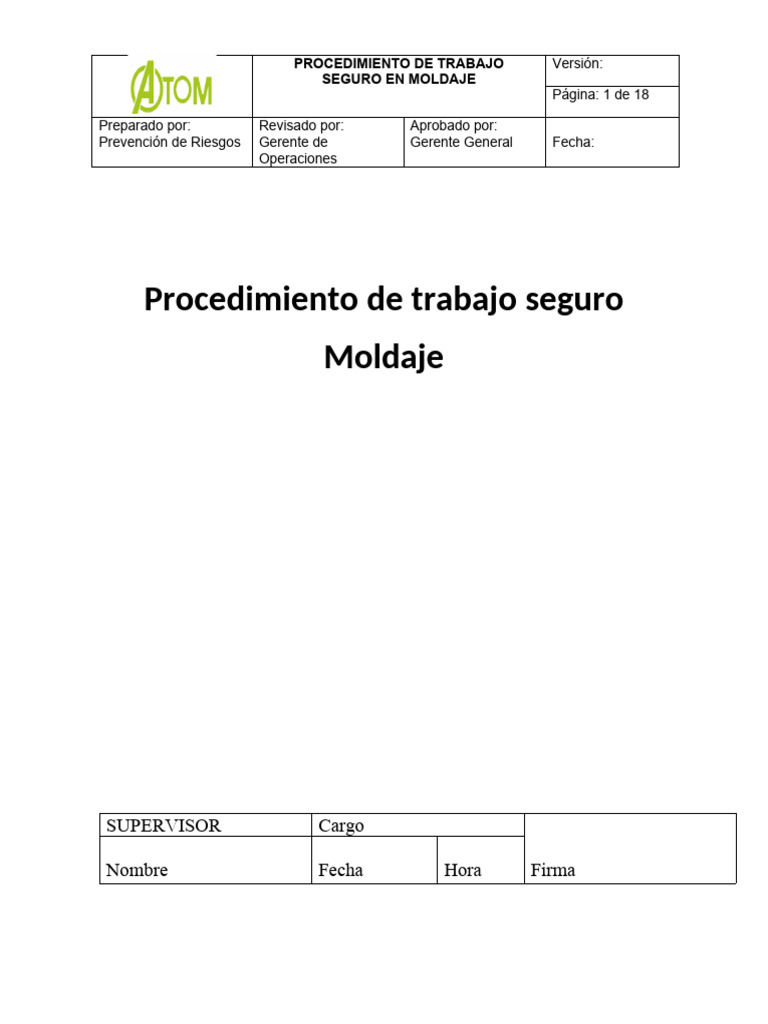 Procedimiento de Trabajo Seguro Moldaje 19-01-23 (1) | PDF | Hormigón ... Procedimiento de Trabajo Seguro Moldaje 19-01-23 (1) | PDF | Hormigón ...