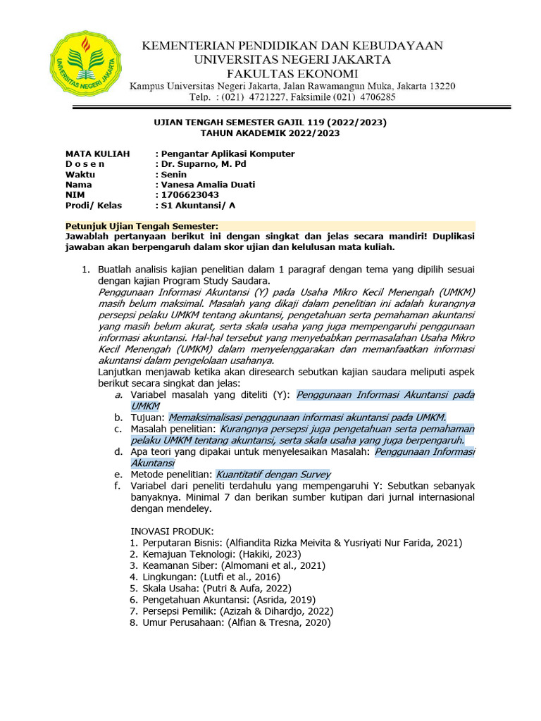 Uts Pengantar Aplikom Vanesa Amalia Duati 1706623043 | PDF