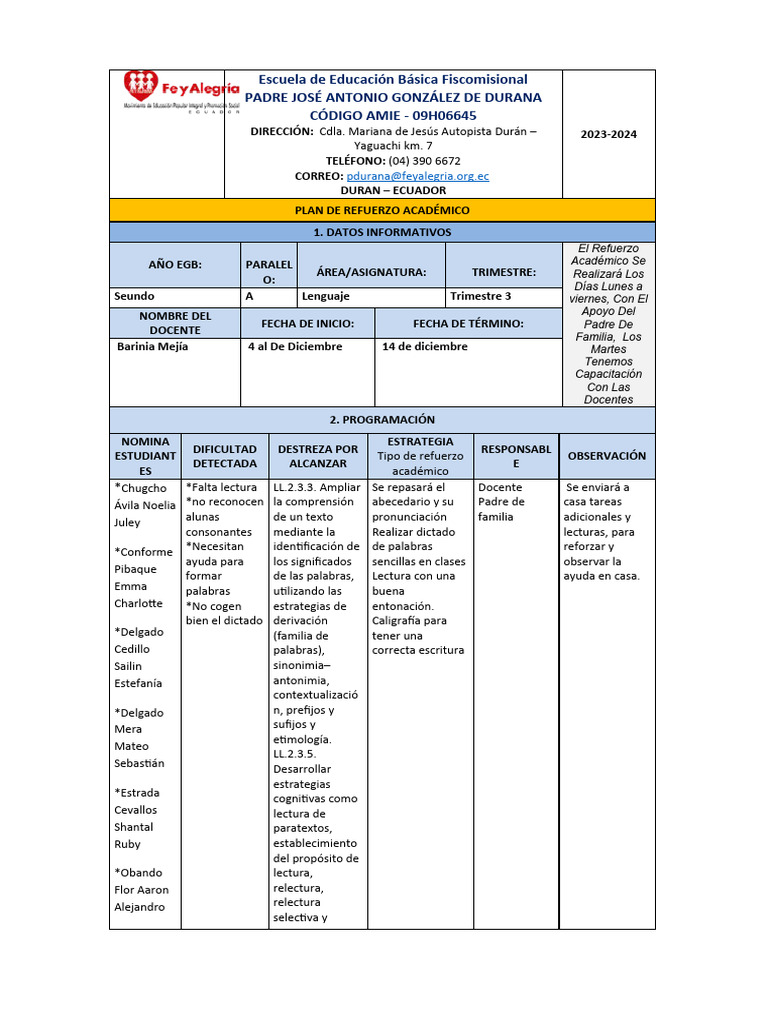 Planificacion de Refuerzo Segundo | PDF | Comunicación humana