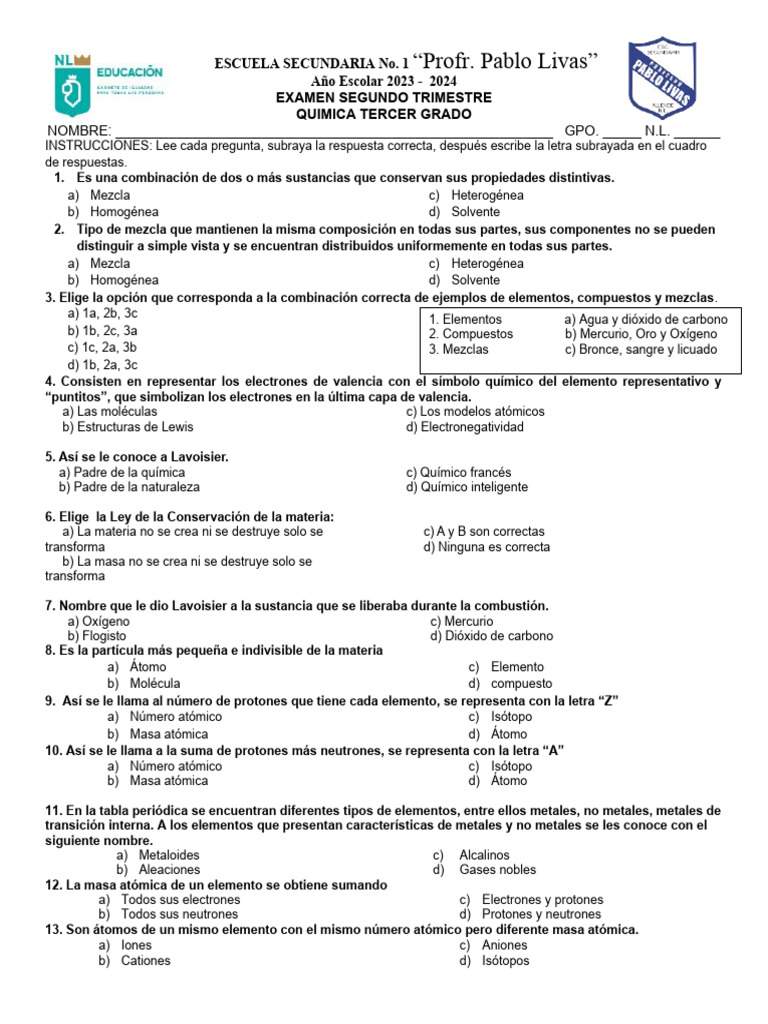 EXAMEN PARCIAL Quimica | PDF | Enlace covalente | Elementos químicos