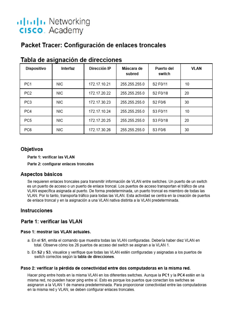 Packet Tracer: Configuración de Enlaces Troncales Tabla de Asignación de Direcciones | PDF ...