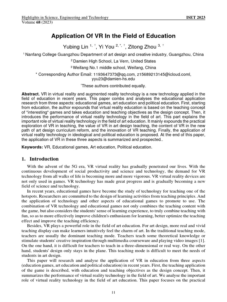 Application of VR in The Field of Education | PDF | Virtual Reality | Augmented Reality