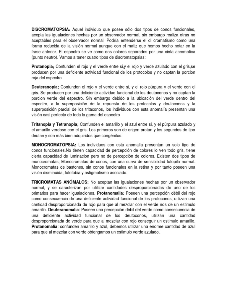Tipos de Discromatopsias y Monocromatopsia | PDF | Color | Verde