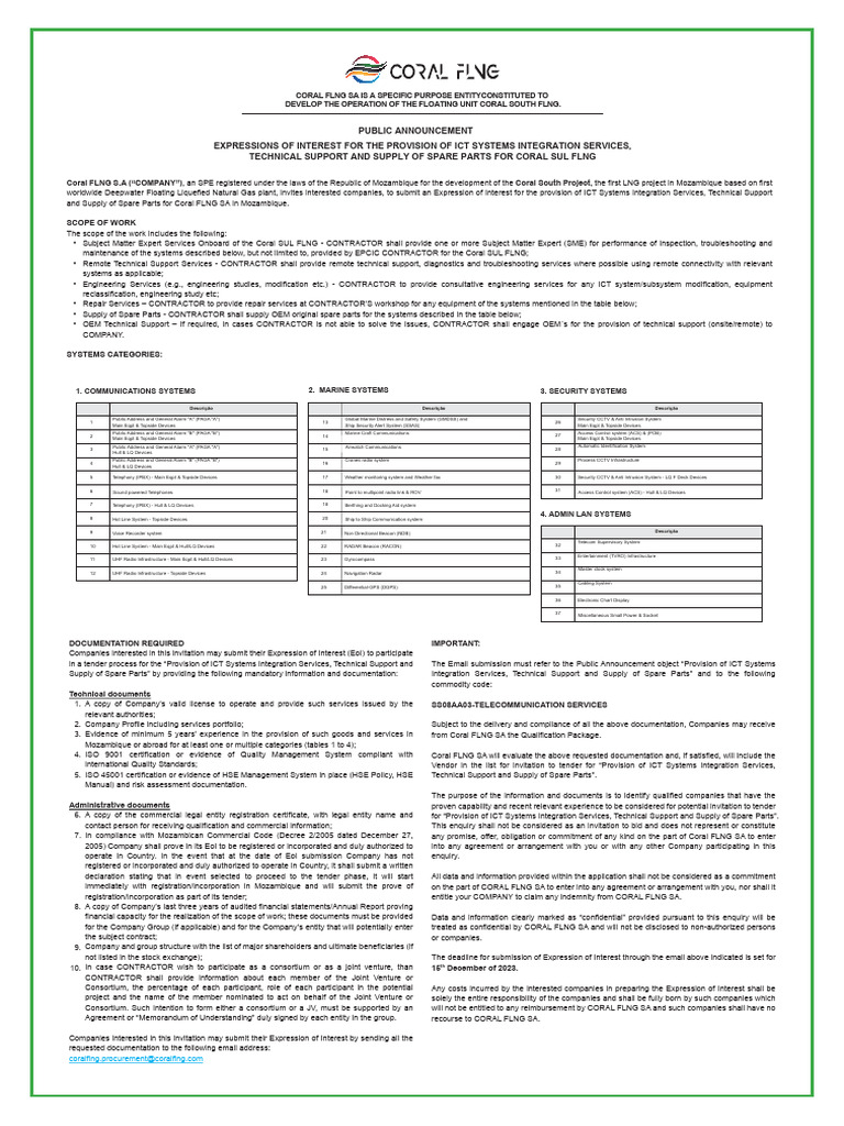 EoI for ICT Services at Coral FLNG | PDF | Joint Venture | Technical ...