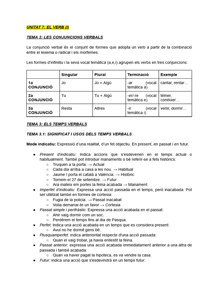 Unitat 7 - El Verb | PDF
