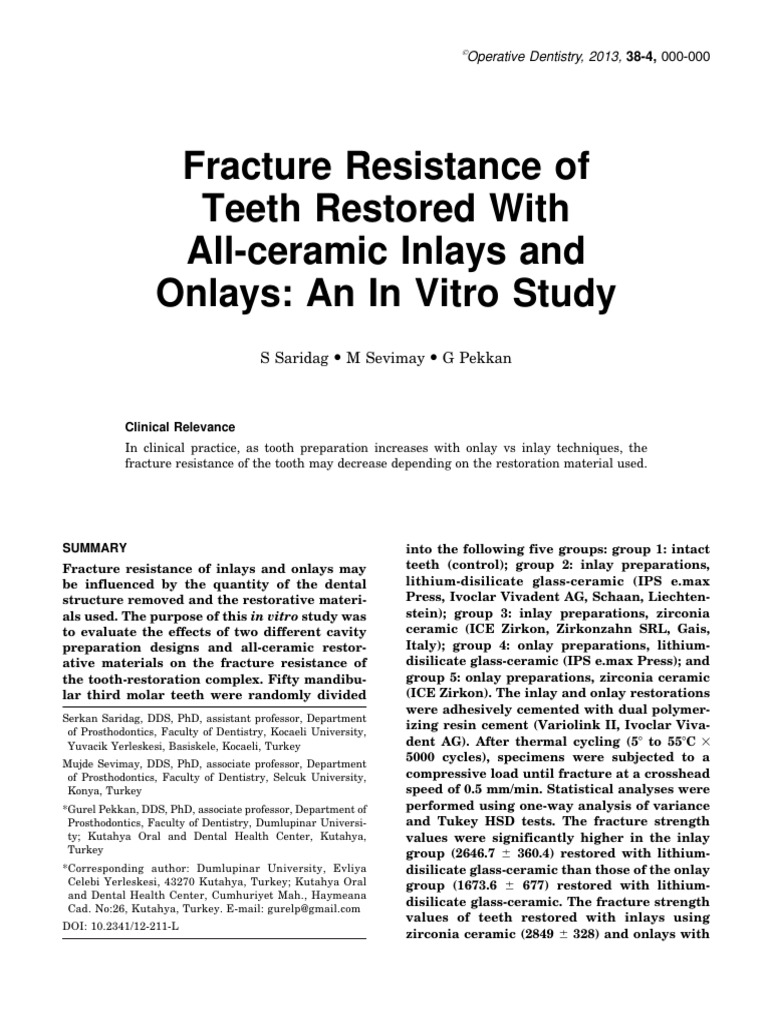 Fracture Resistance of Teeth Restored With All-Ceramic Inlays and ...