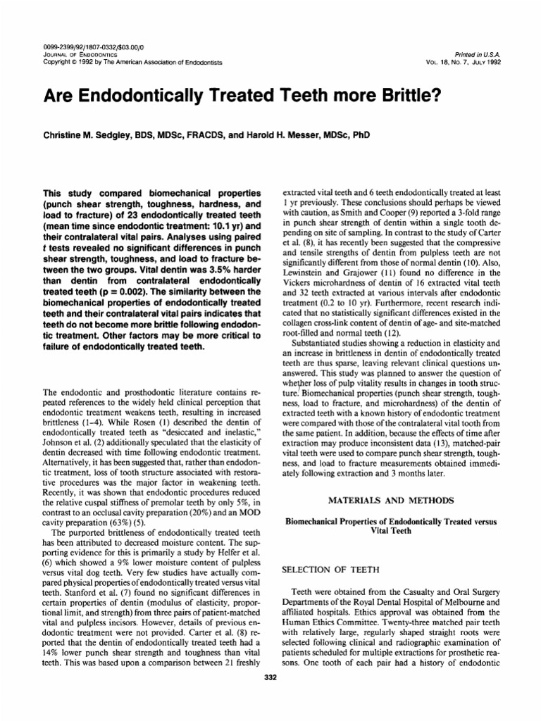 Are Endodontically Treated Teeth More Brittle | PDF | Tooth | Dentin