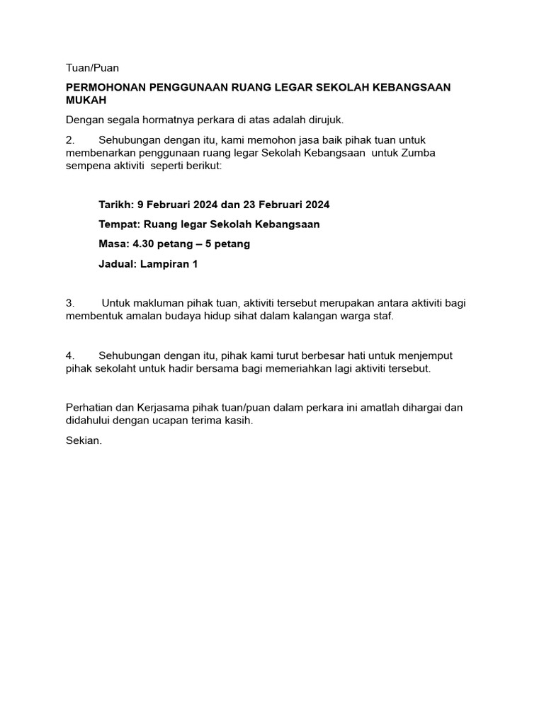 Surat Permohonan Penggunaan Ruang Legar Sekolah | PDF