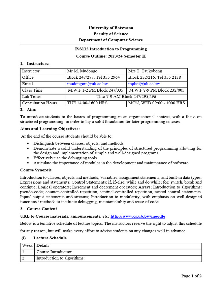 CS Programming Course Outline 2023/24 | PDF | Computer Programming | Class (Computer Programming)