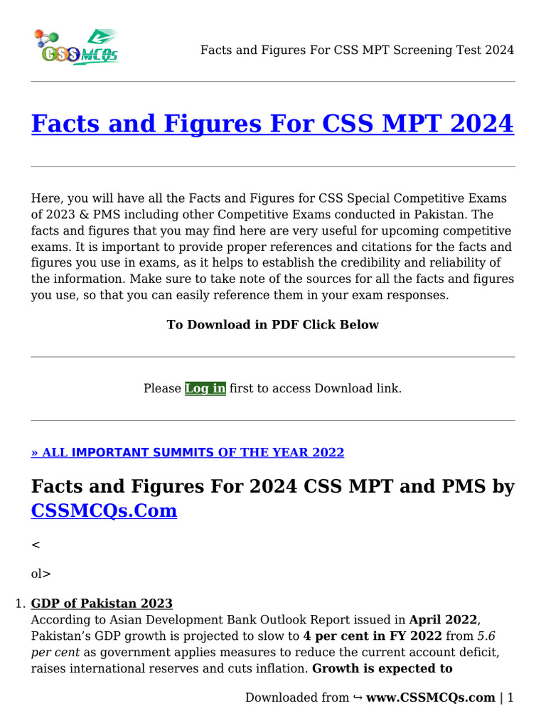 CSS MPT 2024: Key Facts and Figures | PDF | Pakistan | Water Scarcity