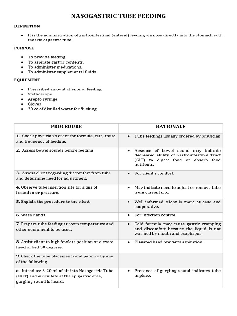 NGT Feeding Procedure Overview | PDF | Clinical Medicine | Medical ...