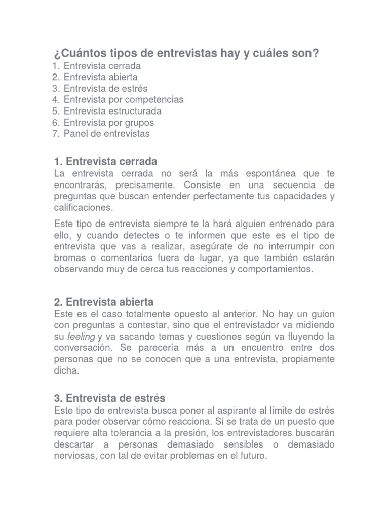 Tipos de entrevistas laborales explicados | PDF | Estrés (biología ...