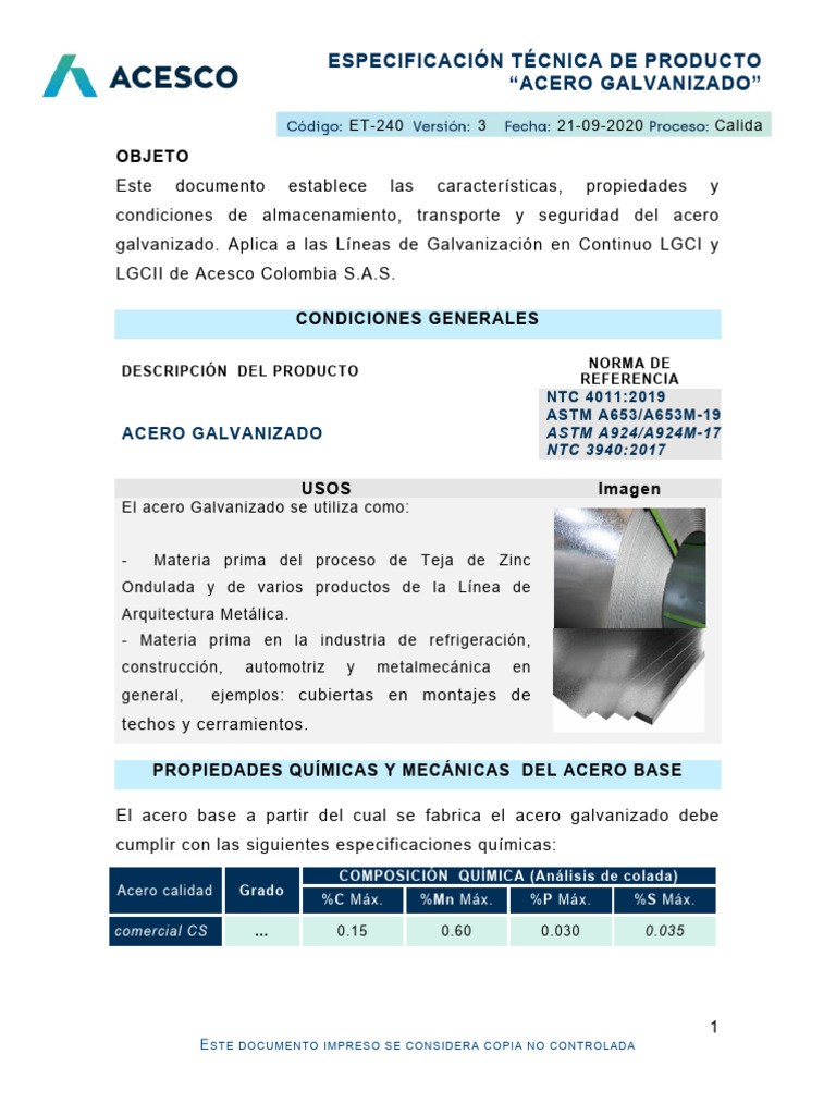 ET - 240 Especificación Técnica Acero Galvanizado | Descargar gratis PDF | Acero | Zinc