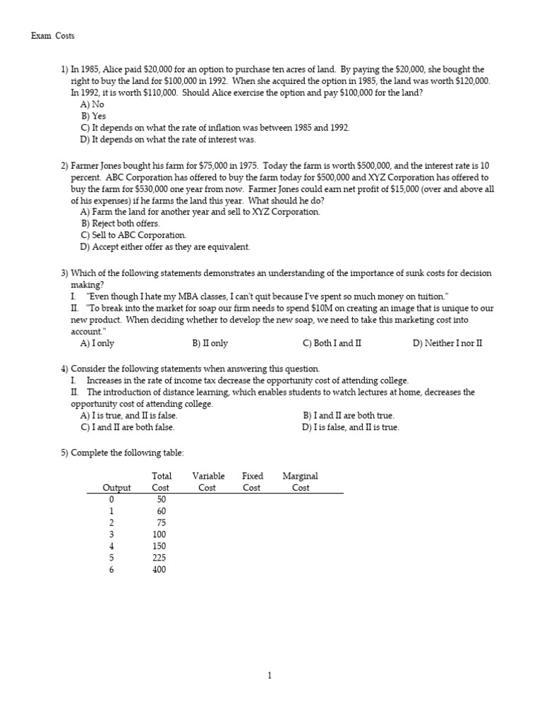 Cost Practice | PDF | Marginal Cost | Trade