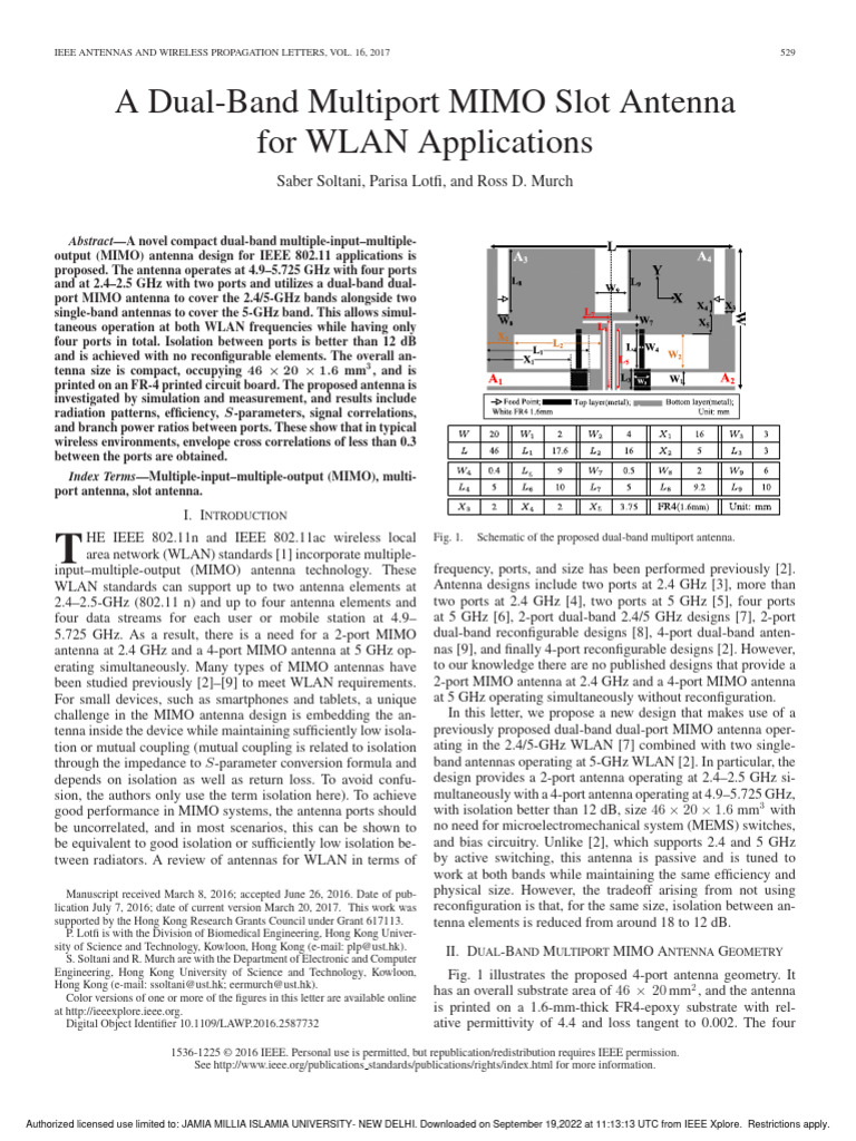A Dual-Band Multiport MIMO Slot Antenna For WLAN Applications | PDF | Ieee 802.11 | Antenna (Radio)