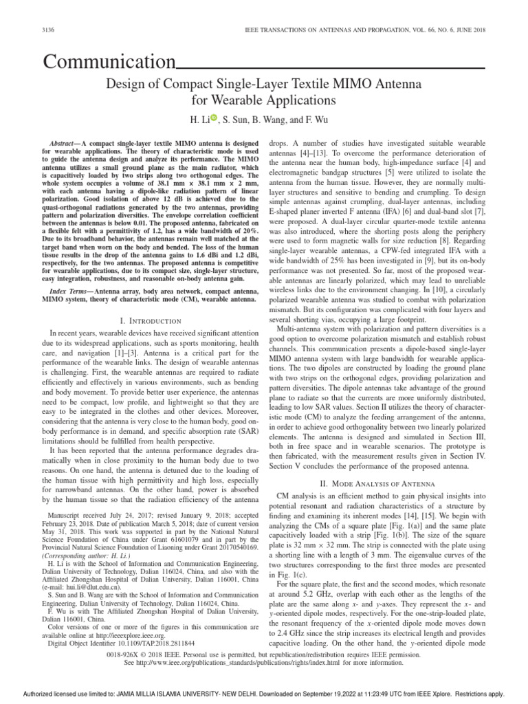 Design of Compact Single-Layer Textile MIMO Antenna For Wearable Applications | PDF | Antenna ...