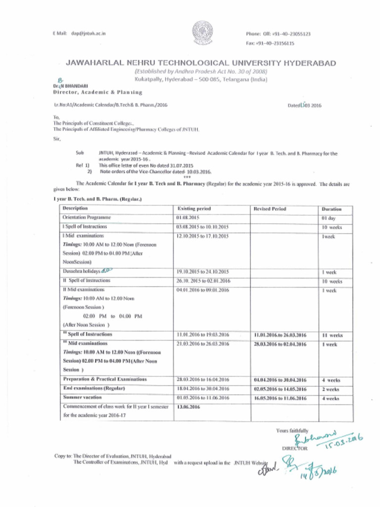 Revised Academic Calander B.Tech and B.Pharm I Year | PDF