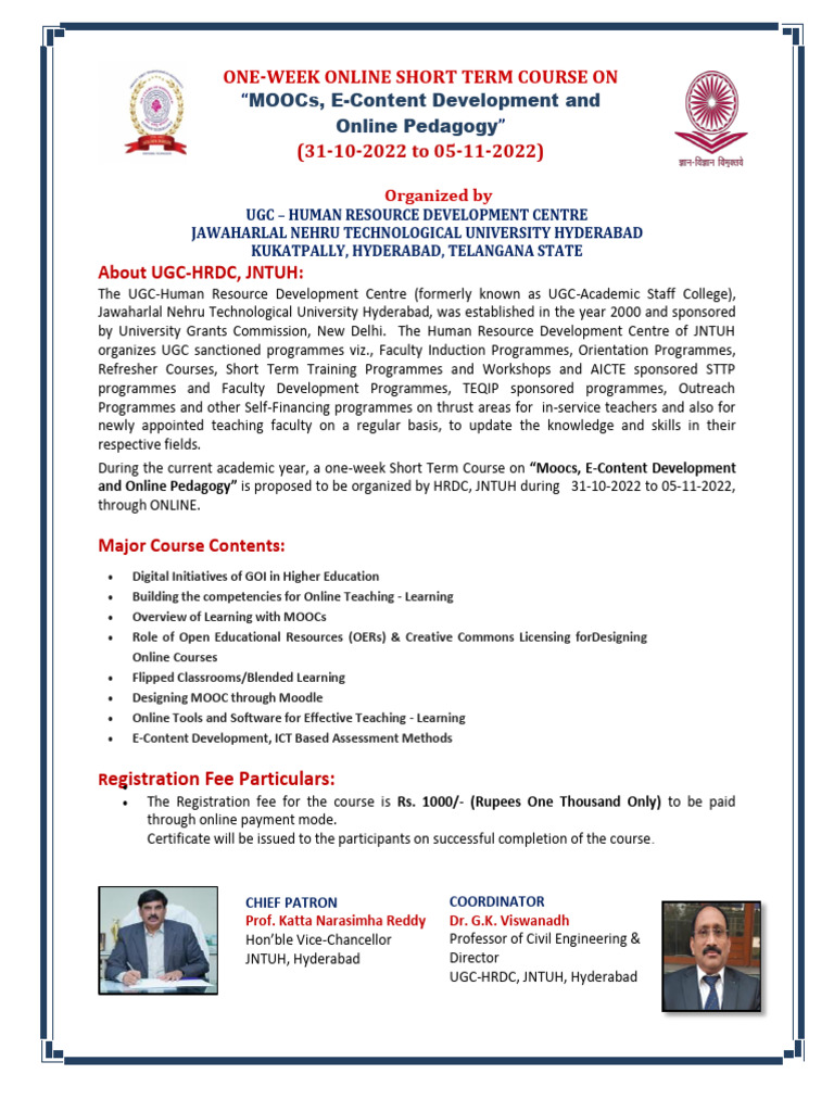 HRDC, JNTUH STC On E-Content Development and Online Pedagogy 31-10-22 | PDF | Massive Open ...
