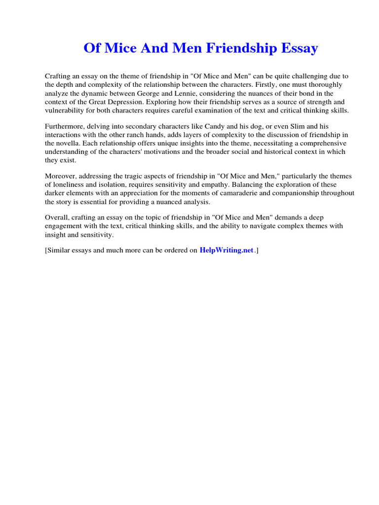 Of Mice and Men Friendship Essay | PDF | Curriculum | Friendship