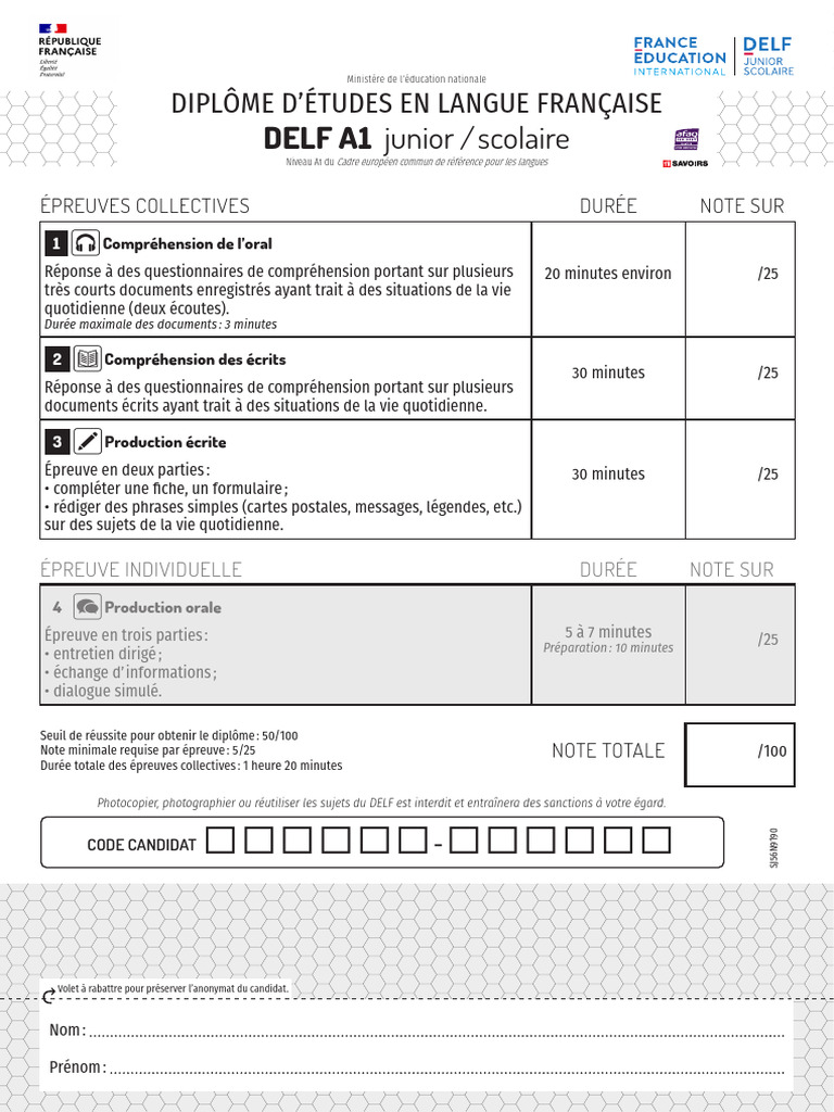 Guide DELF A1 : Épreuves et Notation | PDF