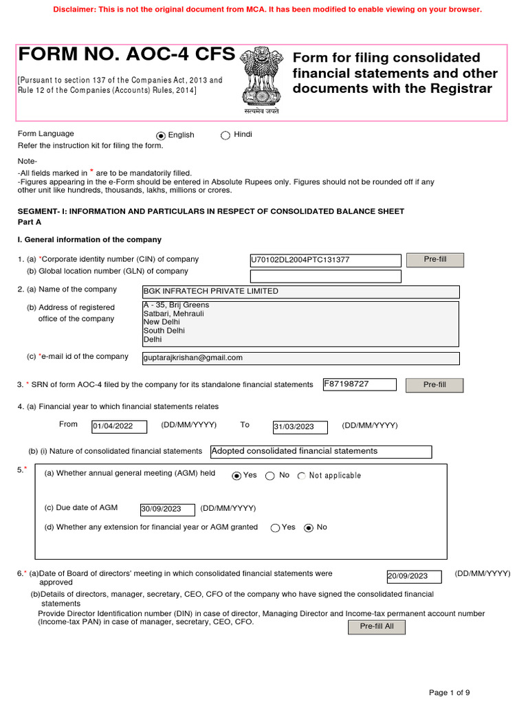 Form No. Aoc-4 CFS: Form For Filing Consolidated Financial Statements ...