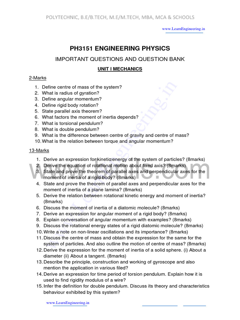 PH3151 QB 01 | PDF | Rotation Around A Fixed Axis | Waves