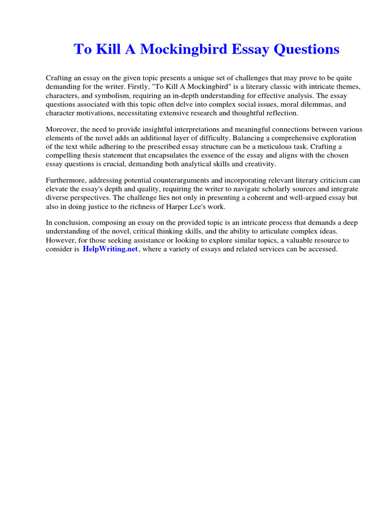 To Kill A Mockingbird Essay Questions | PDF | Essays | To Kill A ...