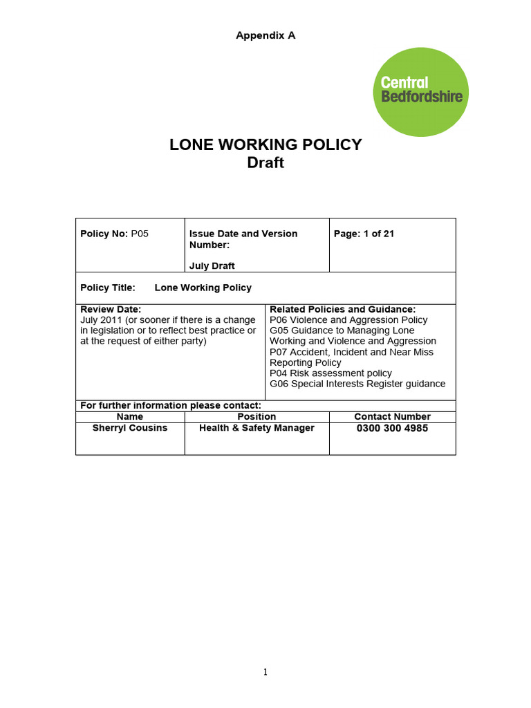Lone Working Policy Final | PDF | Occupational Safety And Health | Risk ...
