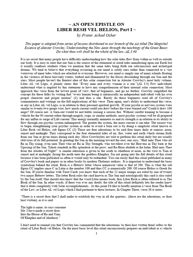 AN OPEN EPISTLE ON Liber Resh1 | PDF | Ceremonial Magic | Aleister Crowley
