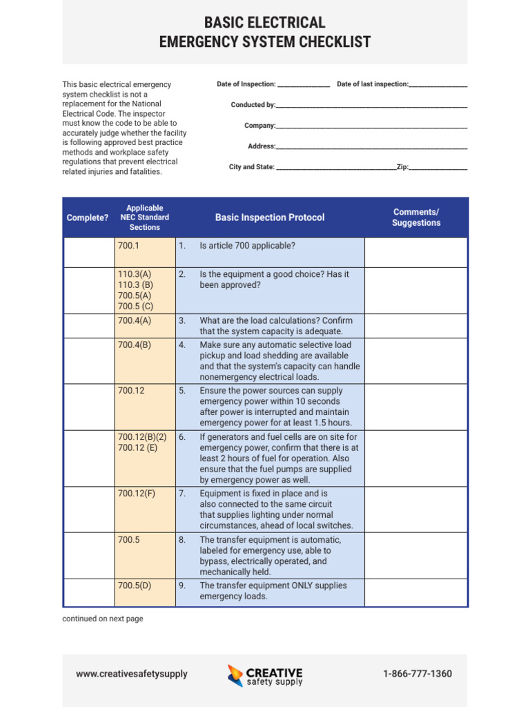 Checklist Basic Electrical Emergency System | PDF | Electrical Wiring ...