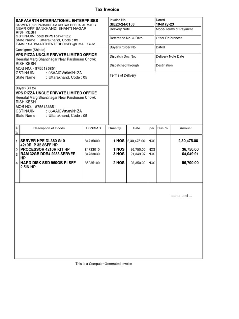 Tax Invoice: Sarvaarth International Enterprises | PDF | Computer Hardware | Computing