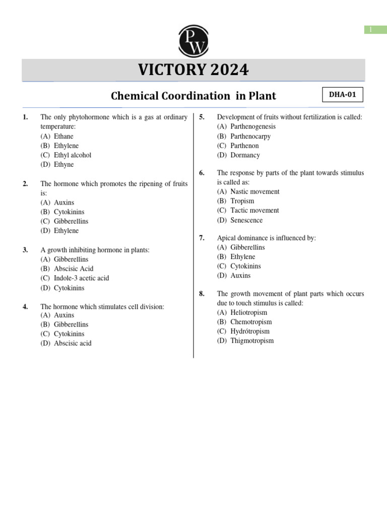 Chemical Coordination in Plants - Daily Home Assignment 01 | PDF | Plant Hormone | Auxin