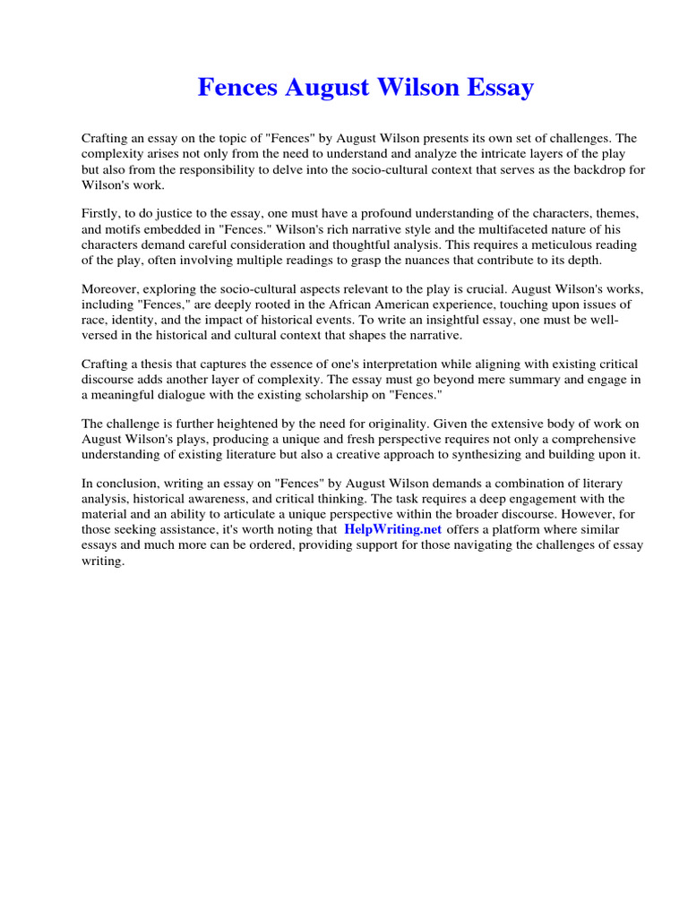 Fences August Wilson Essay | PDF | To Kill A Mockingbird