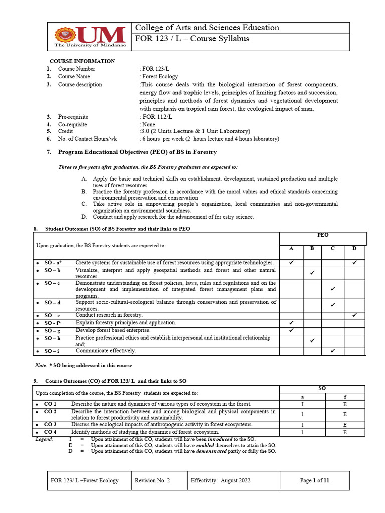 Rev 2021 For 123L (Forest Ecology) Syllabus | PDF | Ecology | Biodiversity