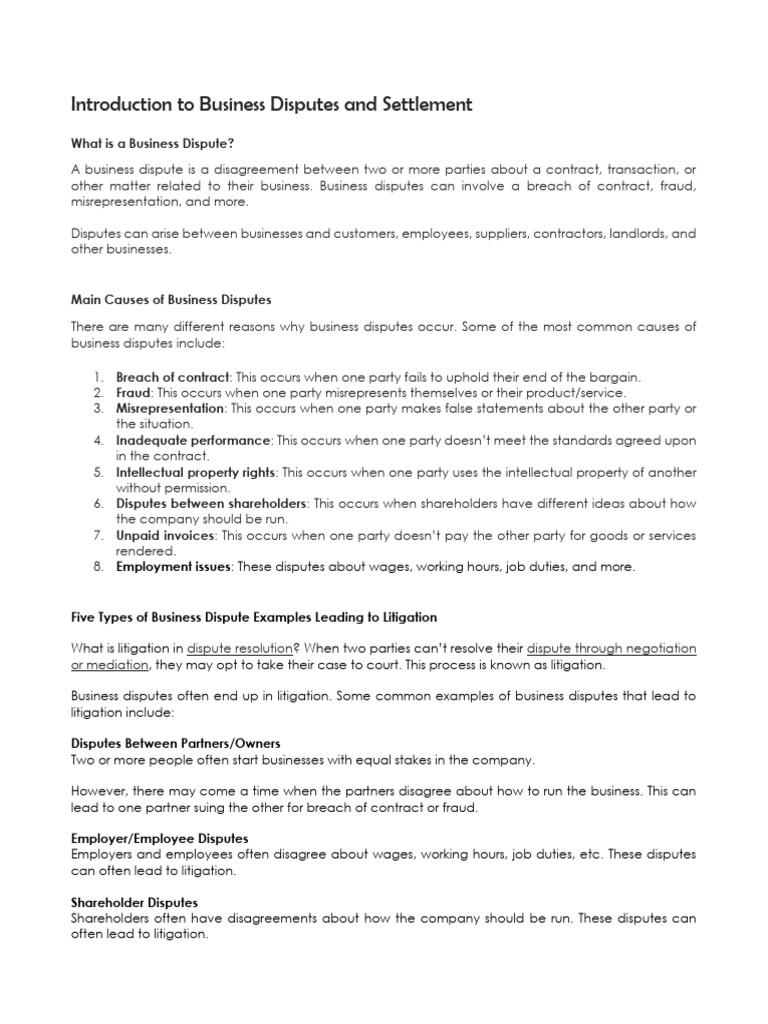Introduction To Business Disputes and Settlement | PDF | Mediation ...