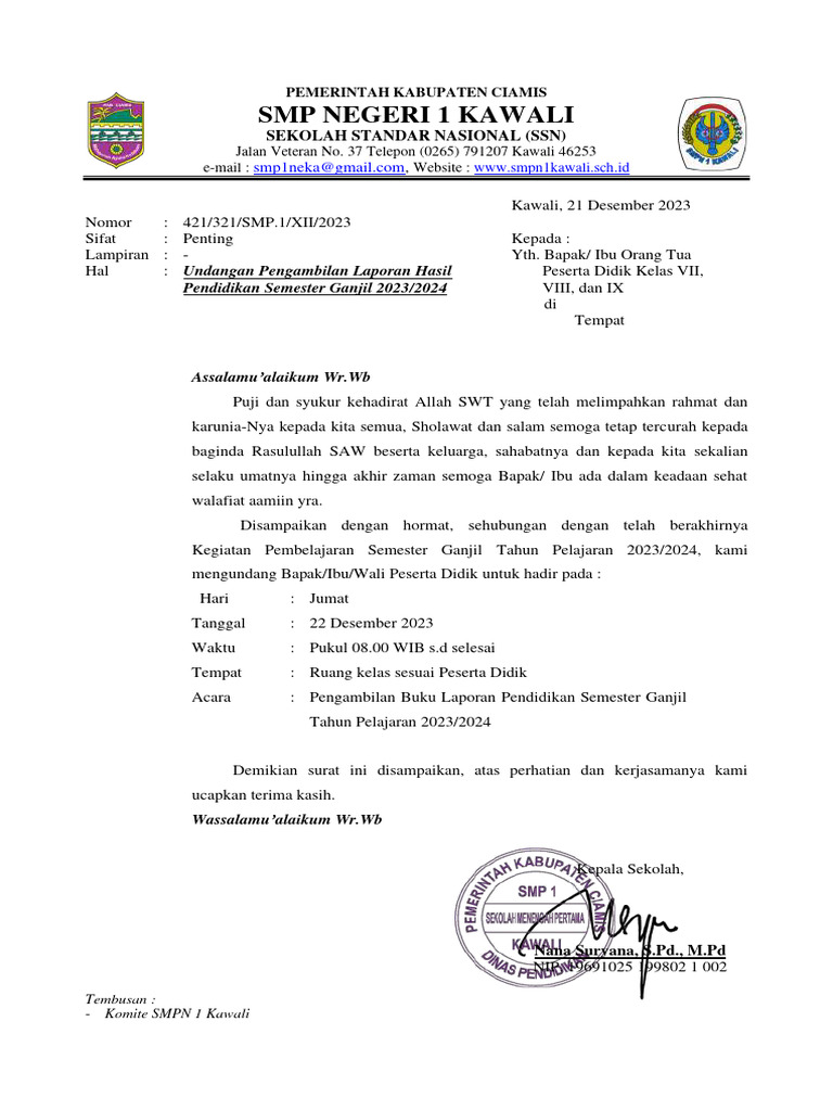 Undangan Pengambilan Raport Ganjil 2023-2024 | PDF