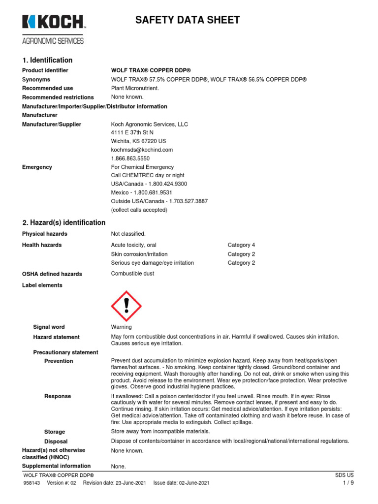 SDS-Copper Zinc Catalyst - WOLF TRAX - Copper - KOCH Agronomic Services ...