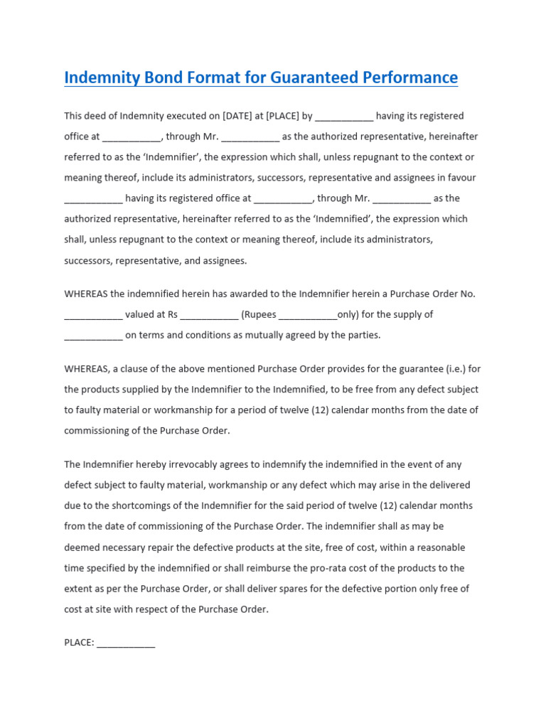 Indemnity Bond Format For Guaranteed Performance | PDF