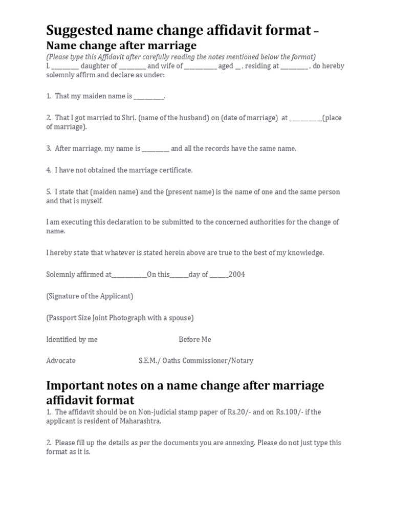 Name Change Affidavit Format - Name Change After Marriage | PDF ...