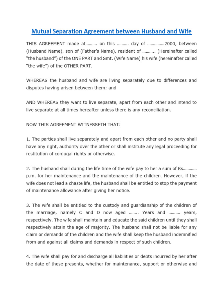 Mutual Separation Agreement Between Husband and Wife | PDF | Common Law ...
