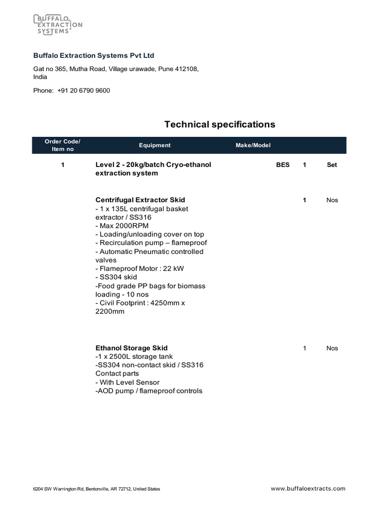 Technical Specifications 20kg Per Batch Cryo Ethanol System | PDF | Water Heating | Energy ...