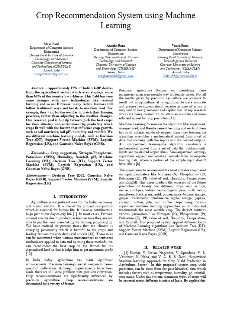 Crop - Recommendation - System 2023 | PDF | Support Vector Machine | Logistic Regression