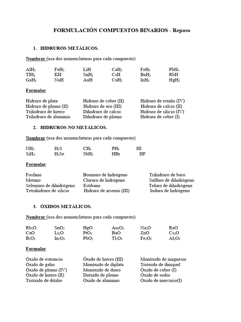 Ejercicios De Formulación De Compuestos Binarios Pdf Hidróxido