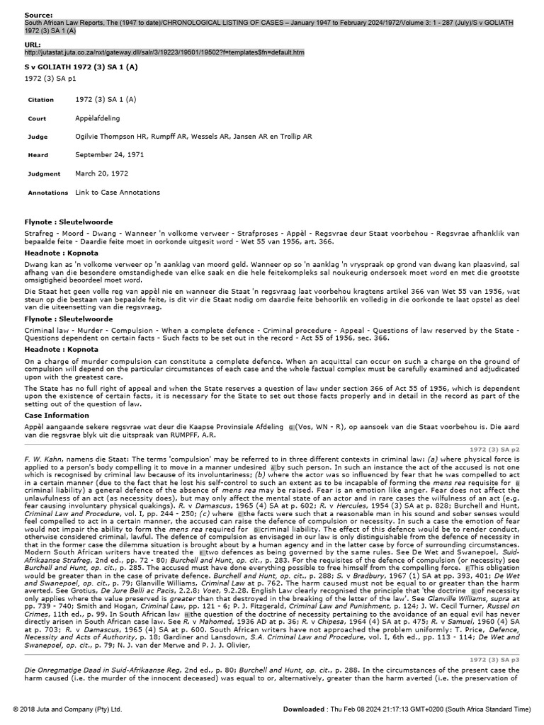 S V GOLIATH 1972 (3) SA 1 (A) | PDF