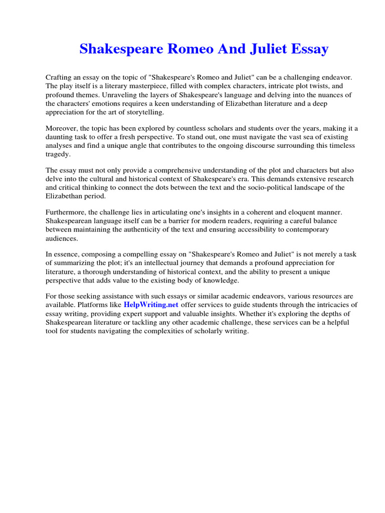 Shakespeare Romeo and Juliet Essay | PDF | Juvenile Delinquency ...